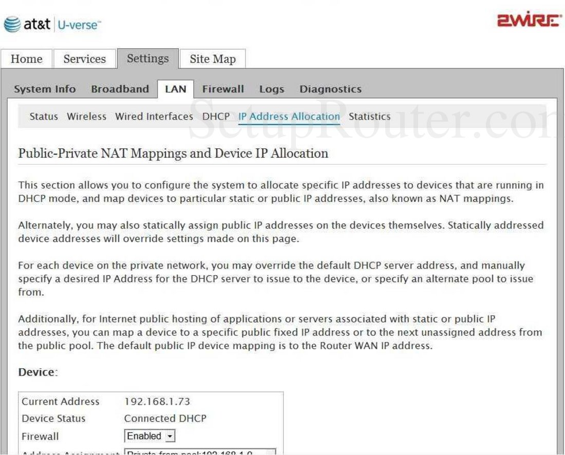 2Wire 3801HGV Screenshot IP Address Allocation