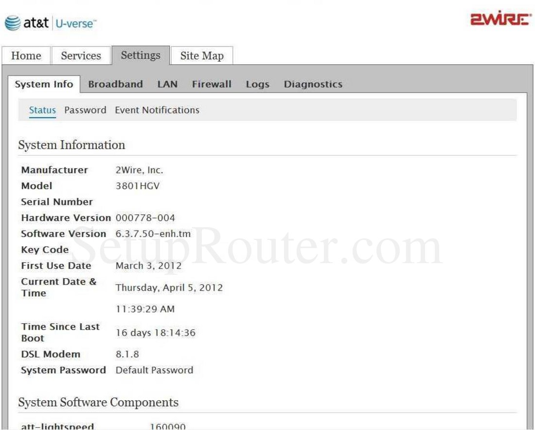 2Wire 3801HGV Screenshot System Info