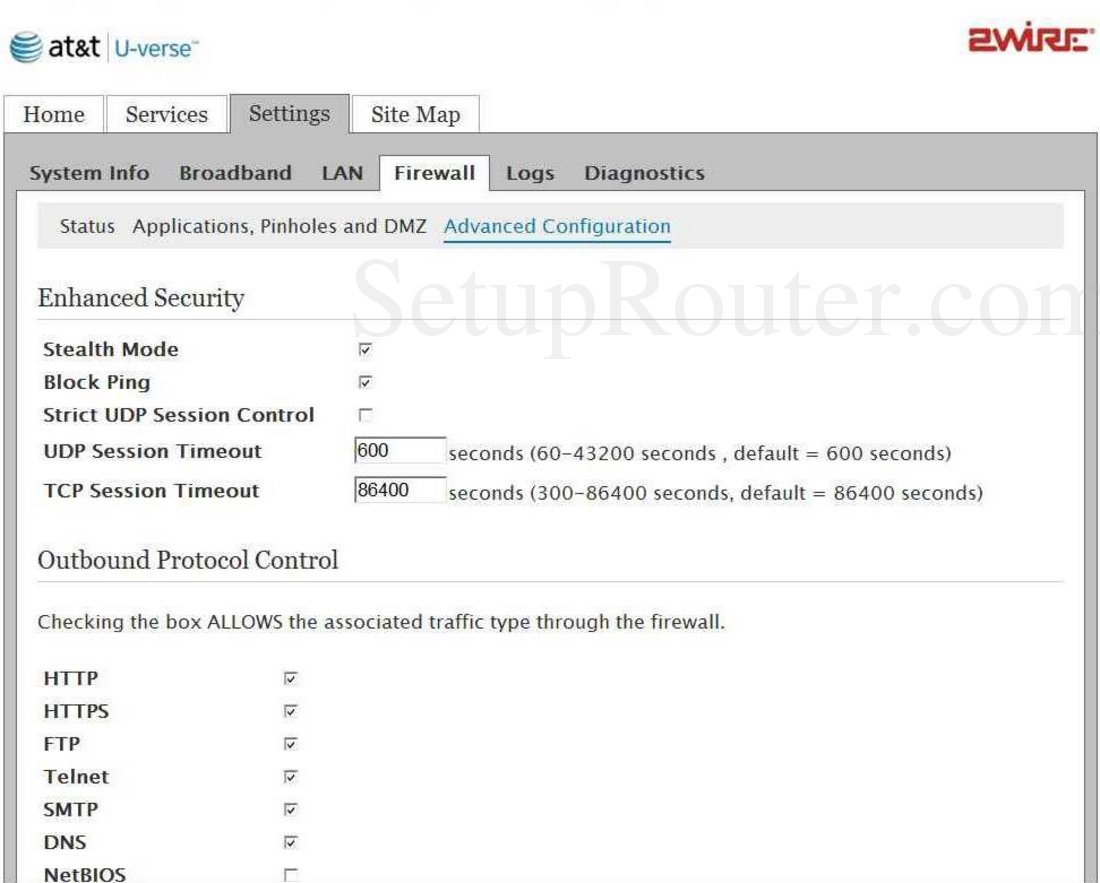 2Wire 3801HGV Screenshot Advanced Configuration