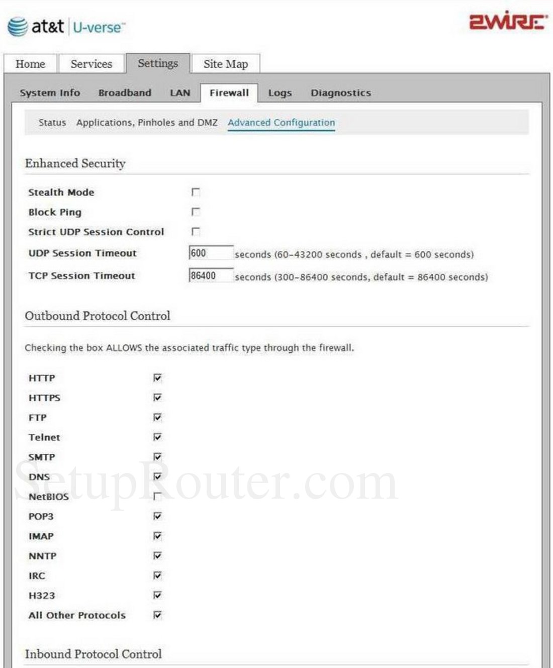 2Wire i3812V Screenshot Firewall Advanced Configuration