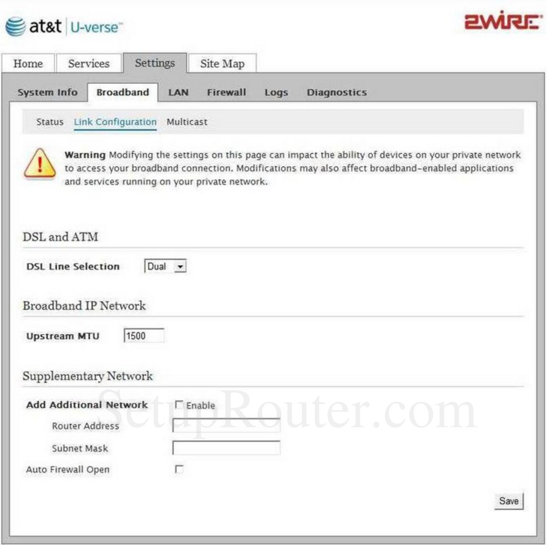2Wire i3812V Screenshot Broadband Link Configuration
