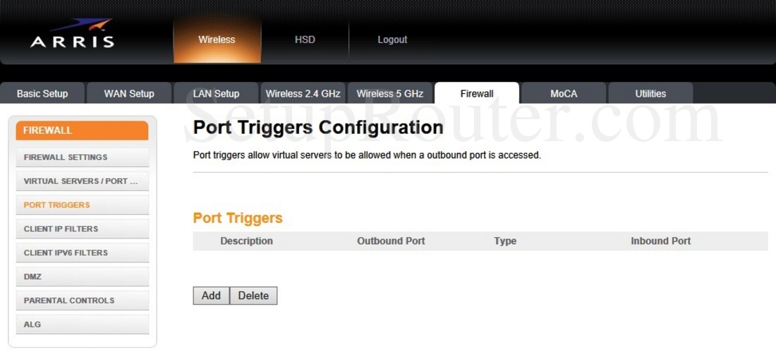 Arris TG2472G Screenshot PortTriggers
