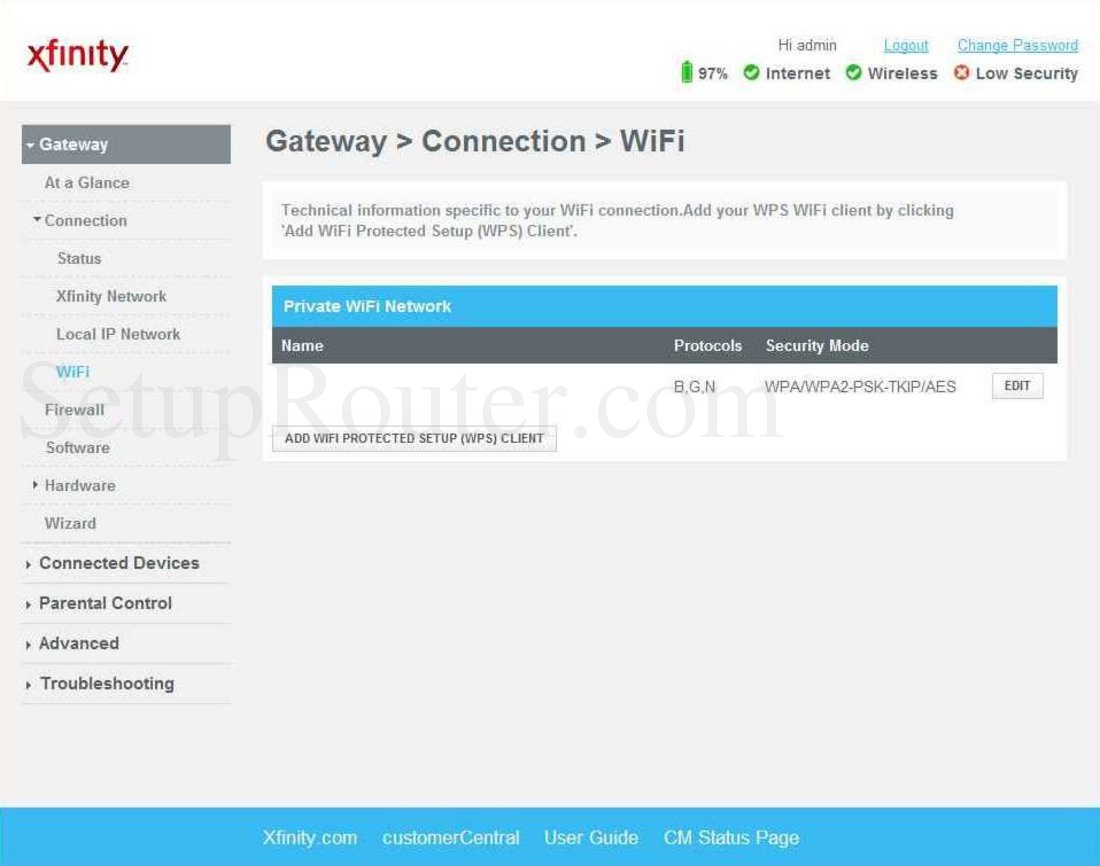 Arris TG862G Screenshot WiFi Connection
