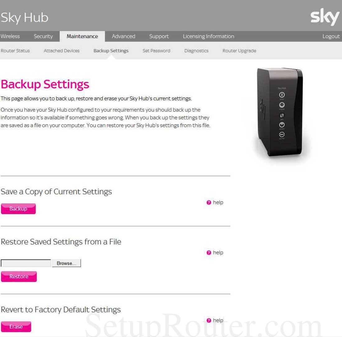 BSkyB Sky-Hub Screenshot Backup Settings