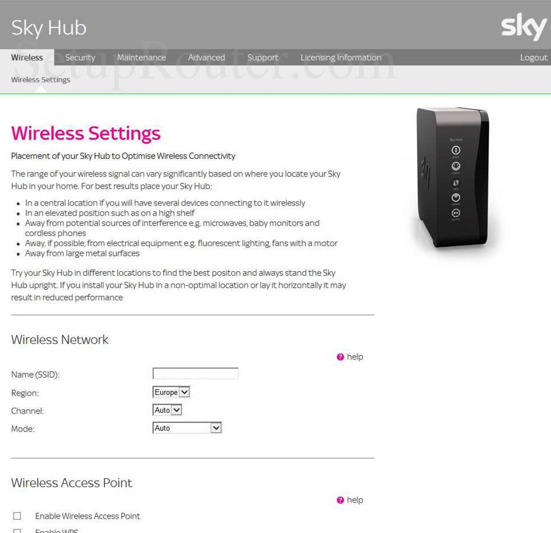 BSkyB SR101 Screenshot Wireless Settings