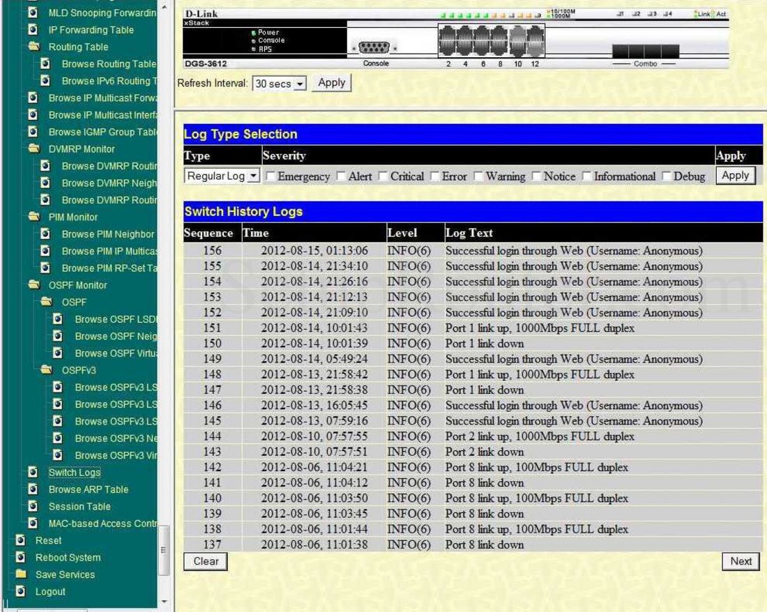 Dlink DGS-3612 Screenshot Switch Logs