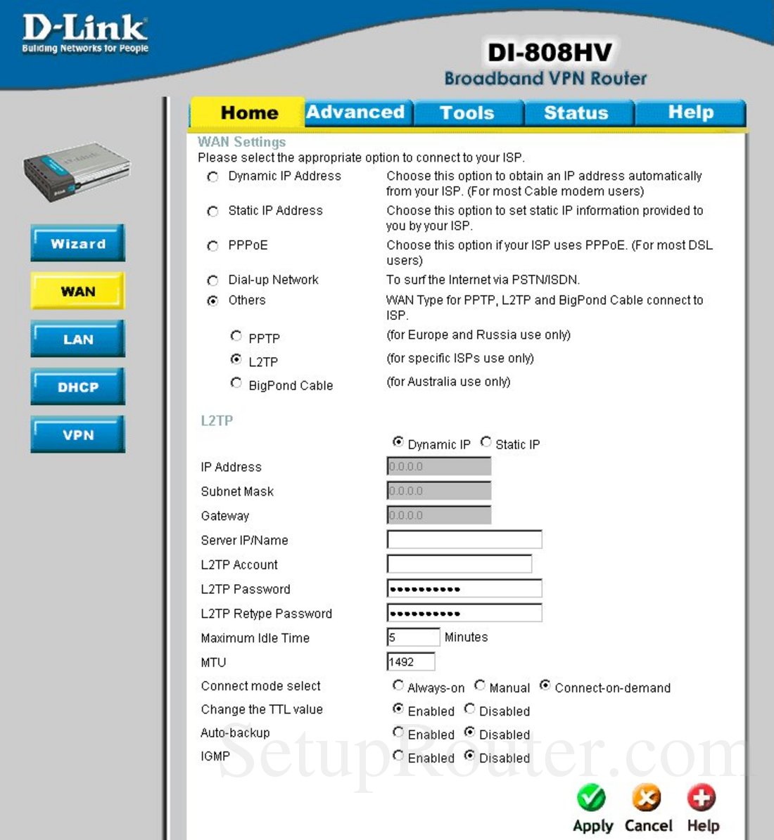 Dlink DI-808HV Screenshot WAN Settings