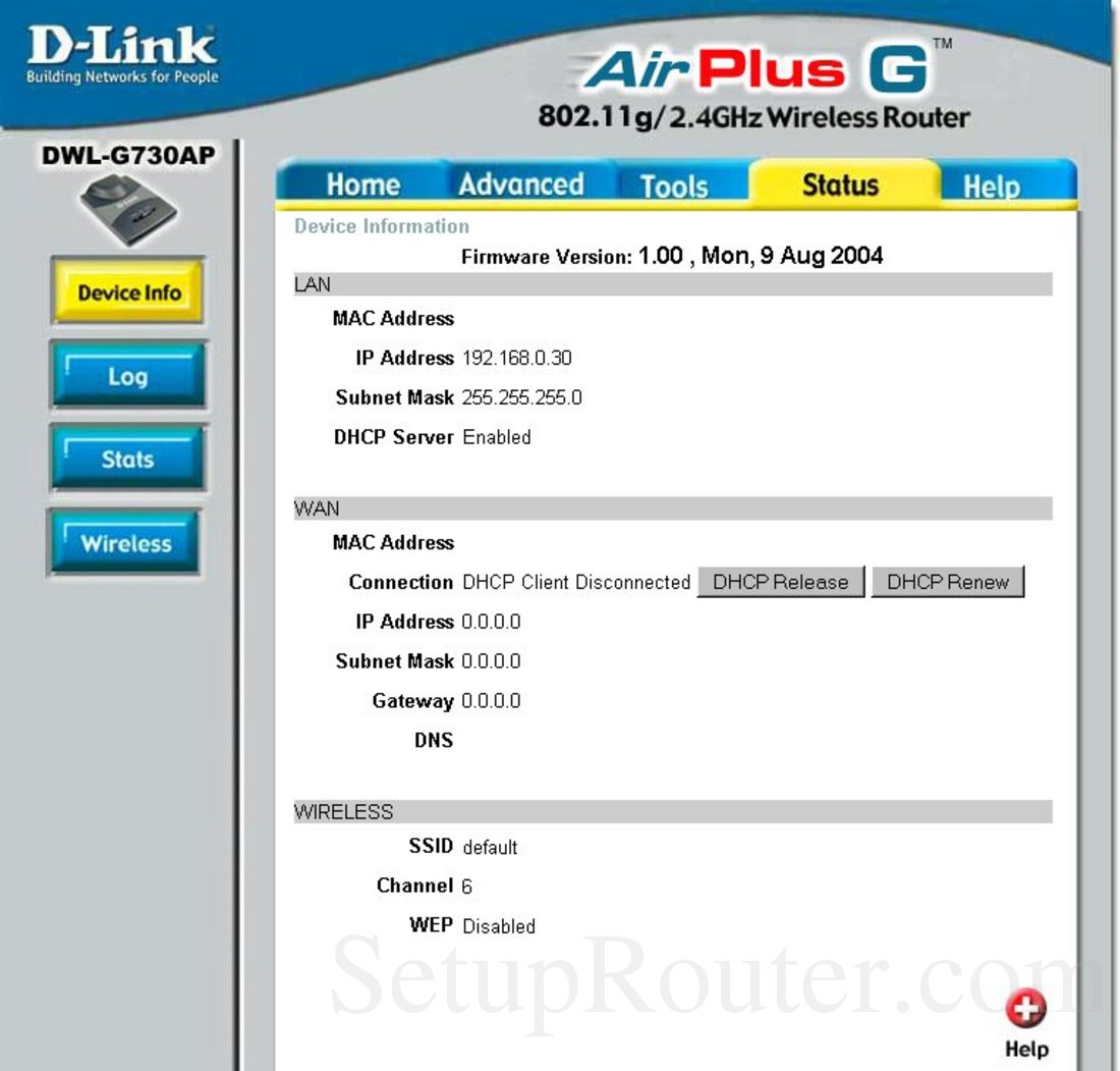 Dlink DWL-G730AP Screenshot Device Information