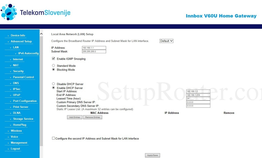 Iskratel Innbox V60U Screenshot LANSetup