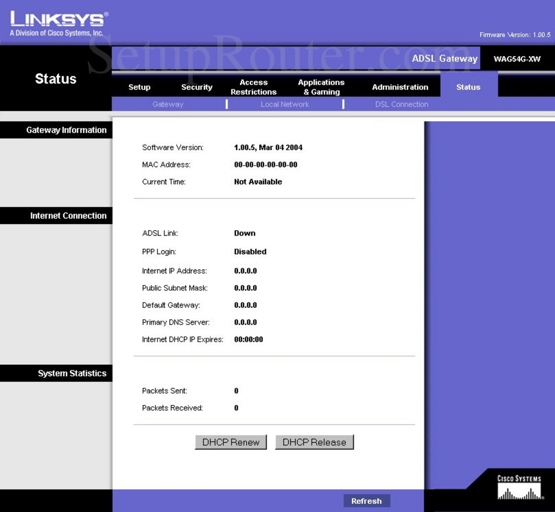 Linksys WAG54G-XW Screenshot Gateway Information