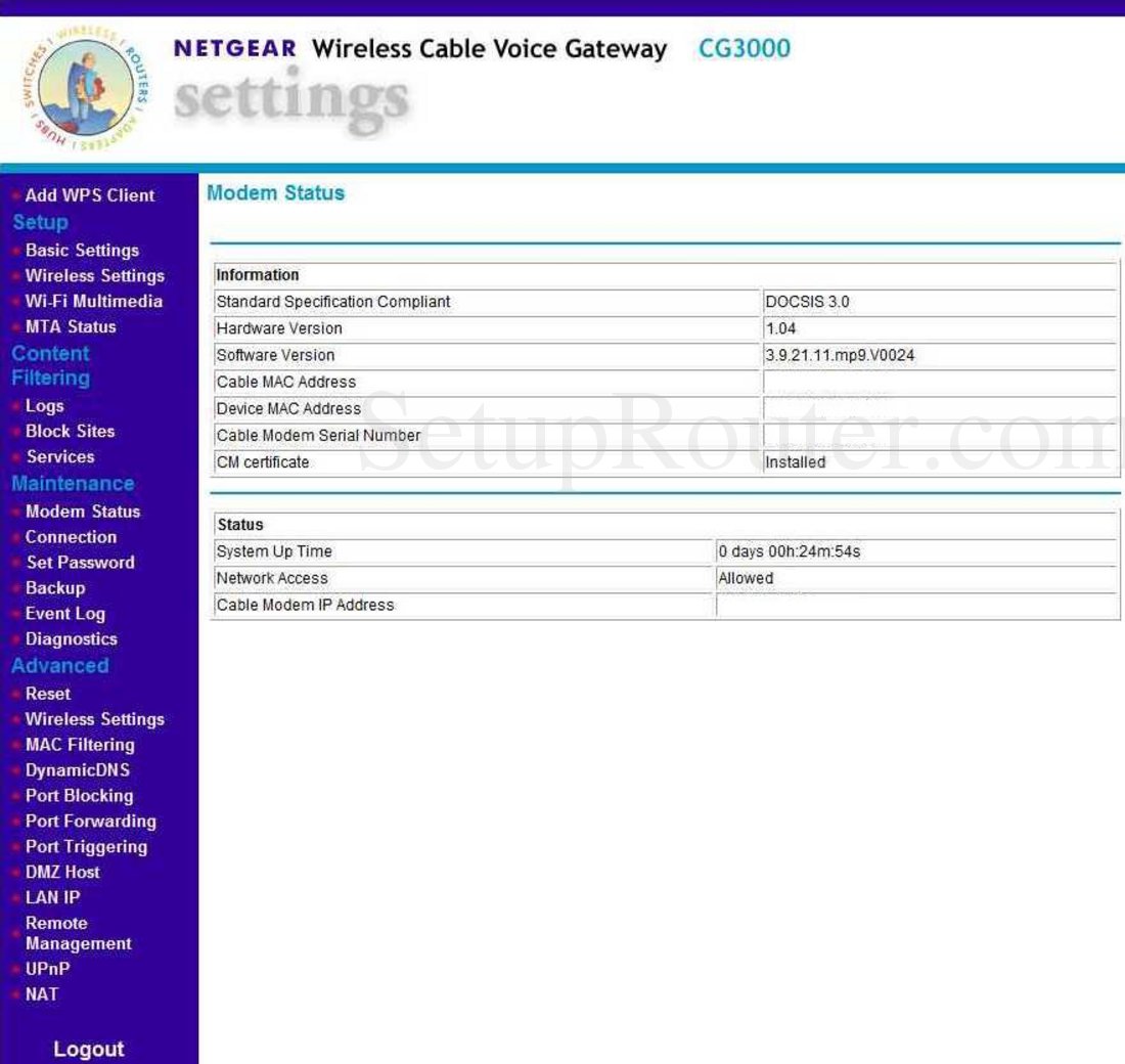Netgear CG3000 Screenshot Modem Status