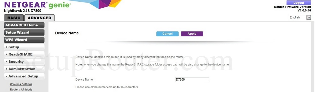 Netgear Nighthawk X4s D7800 Screenshot Devicename NETGEAR C7800