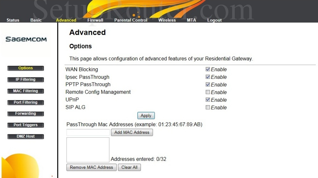Sagemcom Fast 3184 Screenshot AdvancedOptions