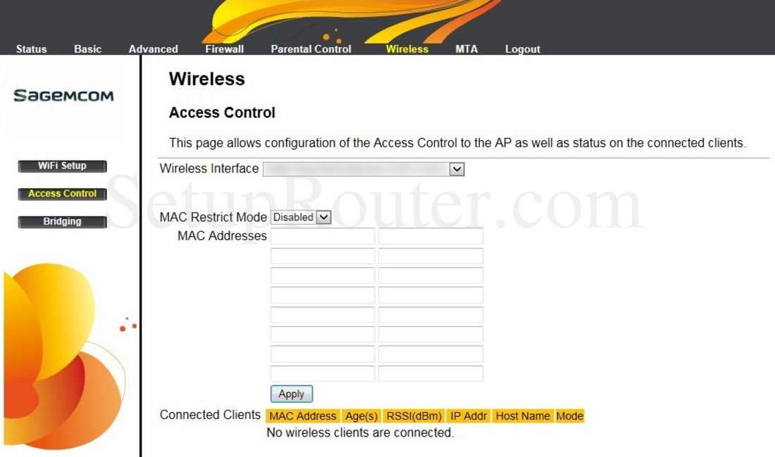 Sagemcom Fast 3184 Screenshot WirelessAccessControl