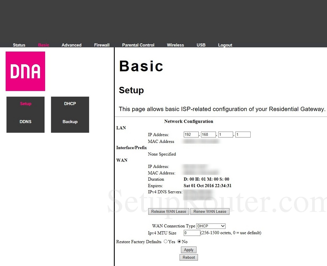 Sagemcom Fast 3686 DNA Screenshot BasicSetup