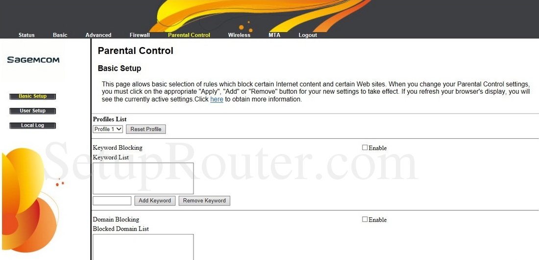 Sagemcom Fast 3686 Screenshot ParentalControlBasicSetup