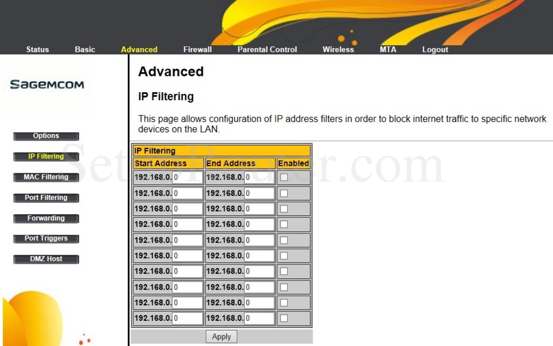 Sagemcom Fast 3686 Screenshot IPFiltering