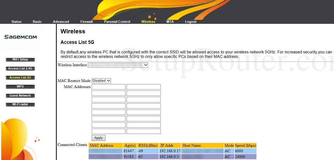 Sagemcom Fast 3686 Screenshot WirelessAccessList5G