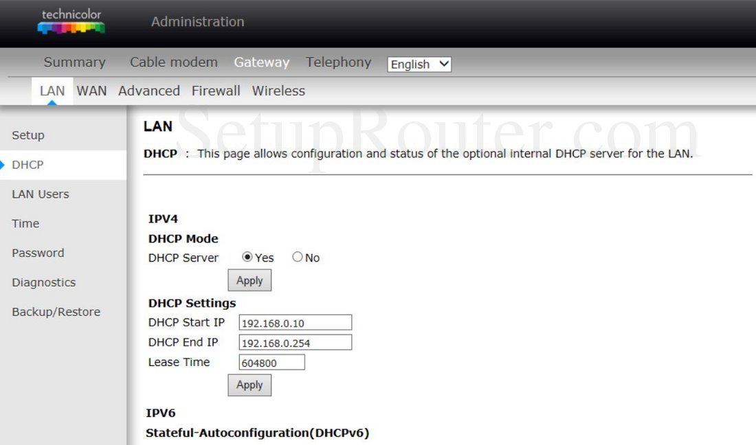 Technicolor TC7200K Screenshot DHCP Technicolor TC7200K Screenshot DHCP