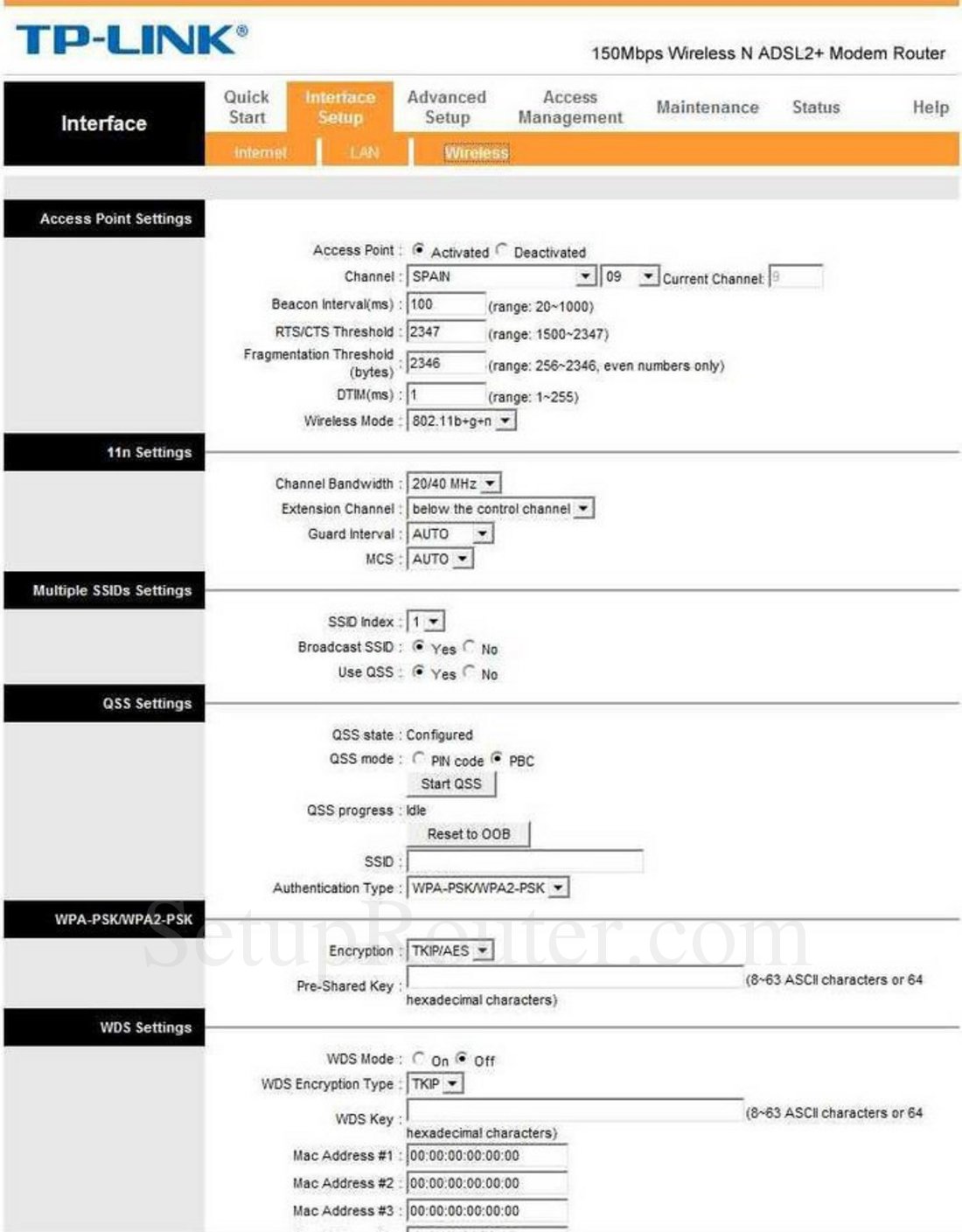 TP-Link TD-W8951ND Screenshot Wireless Setup