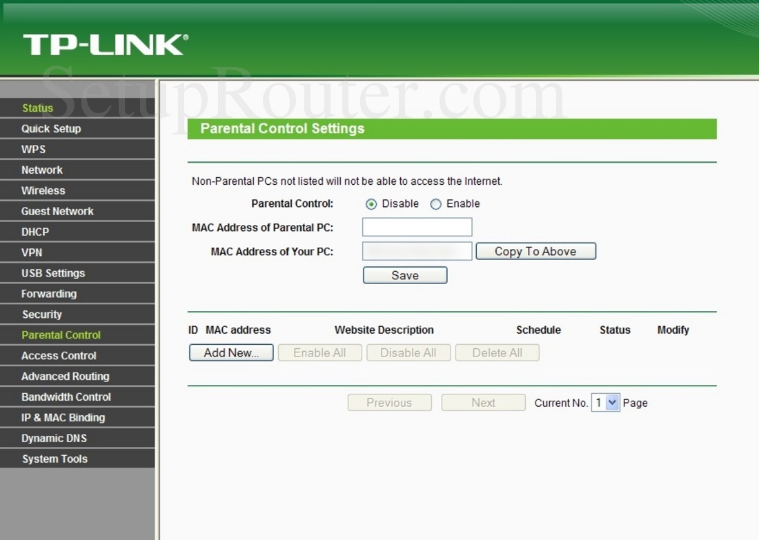 TP-Link TL-WR842N Screenshot ParentalControl