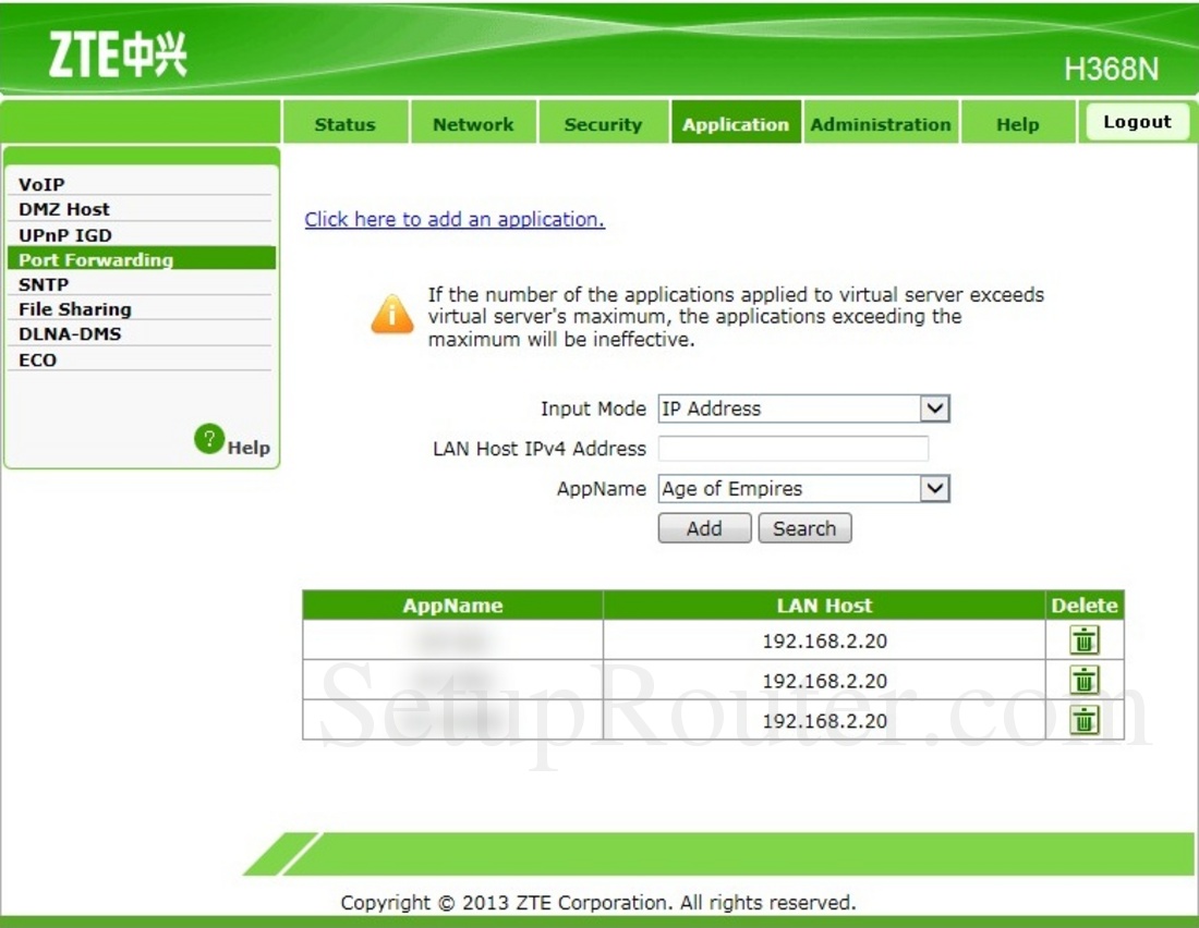 ZTE H368N Screenshot PortForwarding ZTE H368N Screenshot PortForwarding