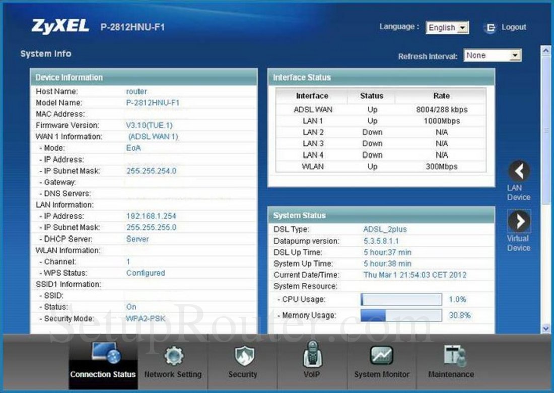 Zyxel P 2812hnu F1 Screenshot System Info
