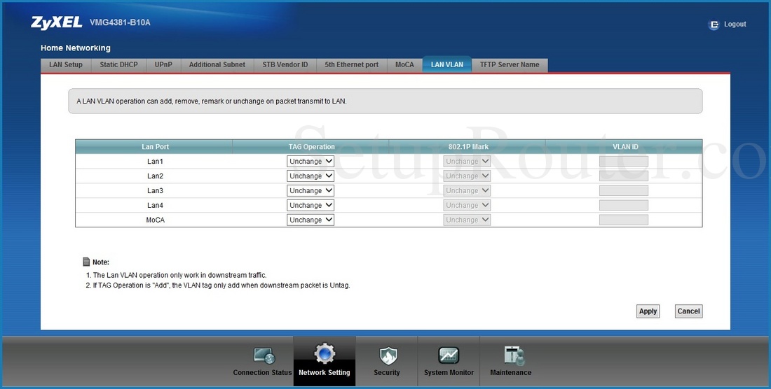 ZyXEL VMG4381-B10A Screenshot LANVLAN